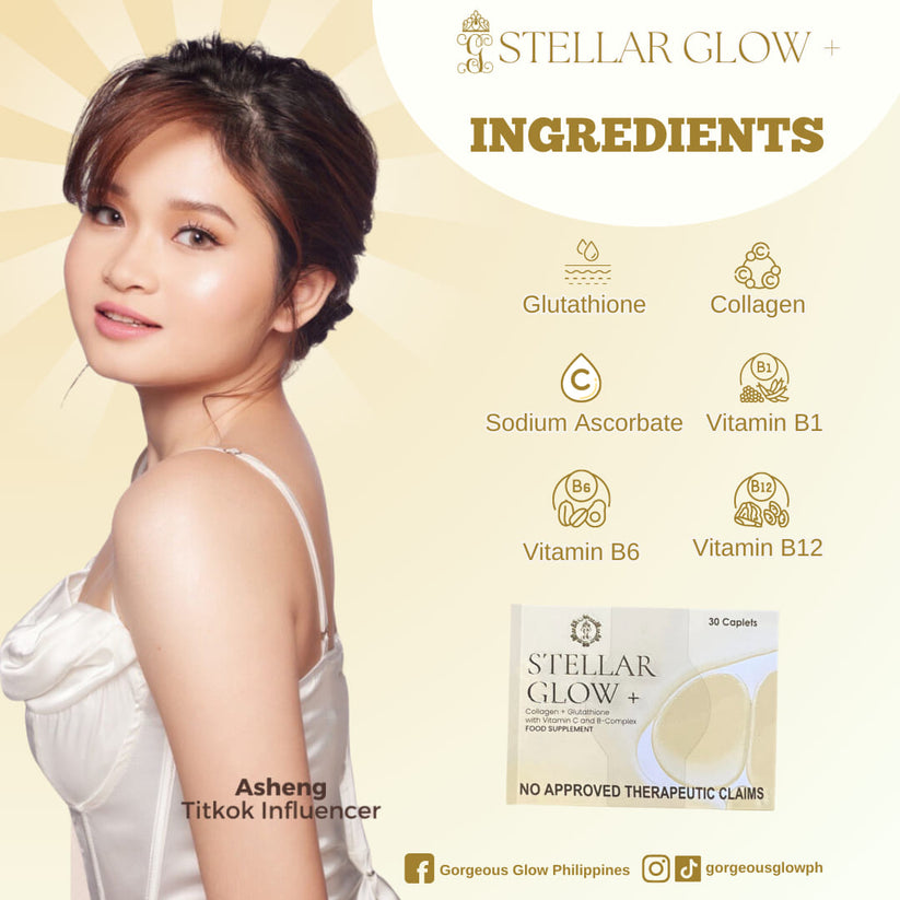 Stellar Glow + (Collagen, Glutathione, Vitamin C and B-Complex) by Gorgeous Glow 30 Caplets ...